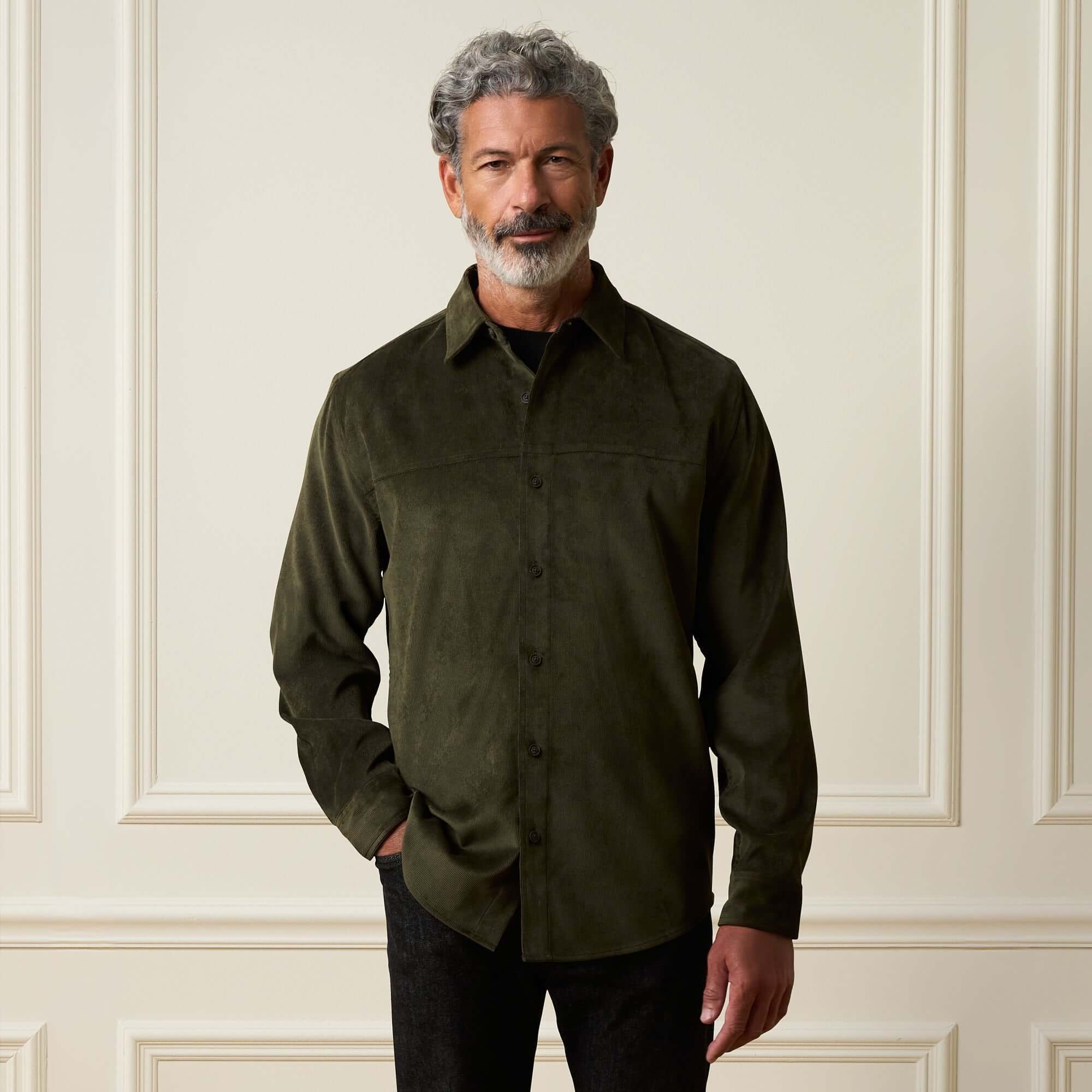 Long Sleeve Solid Cord Button Down in Olive | Weatherproof® Vintage